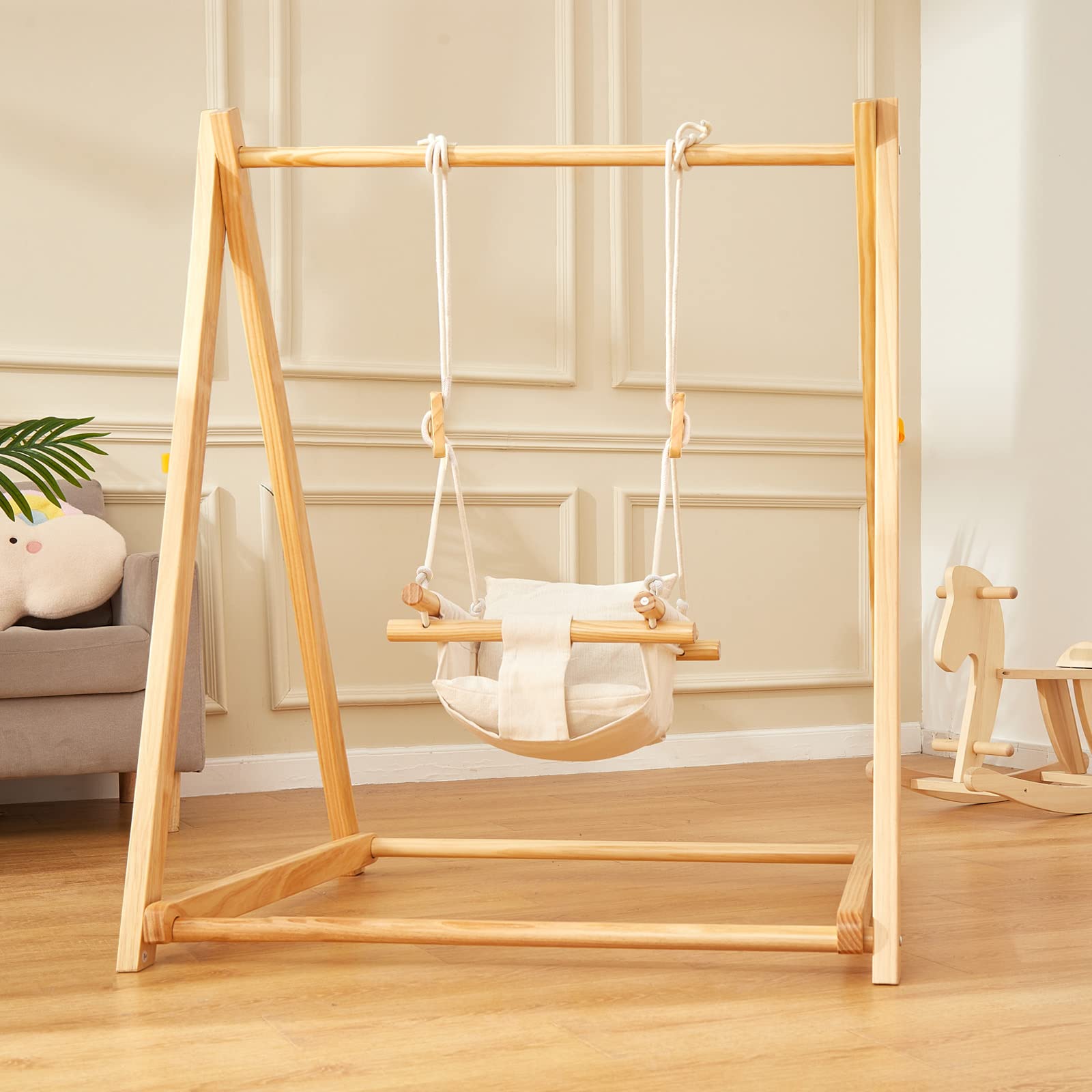 FUNLIO Wooden Toddler Swing Stand with 4 Sandbags, Foldable Baby Swing Stand with Durable Pine & Velcro for Toddlers 6-36 Months, Kids Swing Frame with Maximum Bearing 50lbs, Easy to Assemble & Store