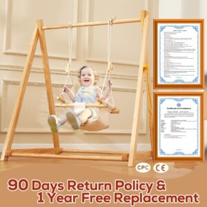 FUNLIO Wooden Toddler Swing Stand with 4 Sandbags, Foldable Baby Swing Stand with Durable Pine & Velcro for Toddlers 6-36 Months, Kids Swing Frame with Maximum Bearing 50lbs, Easy to Assemble & Store