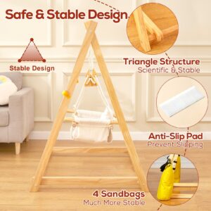 FUNLIO Wooden Toddler Swing Stand with 4 Sandbags, Foldable Baby Swing Stand with Durable Pine & Velcro for Toddlers 6-36 Months, Kids Swing Frame with Maximum Bearing 50lbs, Easy to Assemble & Store