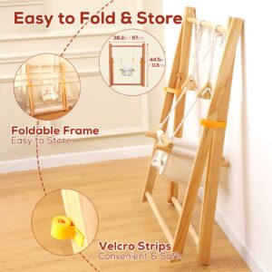 FUNLIO Wooden Toddler Swing Stand with 4 Sandbags, Foldable Baby Swing Stand with Durable Pine & Velcro for Toddlers 6-36 Months, Kids Swing Frame with Maximum Bearing 50lbs, Easy to Assemble & Store