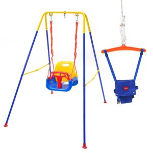 3-in-1 swing set baby jumper and bouncers for toddler, baby swing is suitable for indoor and outdoor play, with a foldable metal stand for easy storage, and comes with instructions for easy assembly.