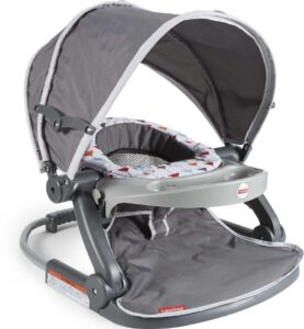 fisher-price travel baby chair on-the-go sit-me-up floor seat with snack tray and canopy for outdoor use, arrows away