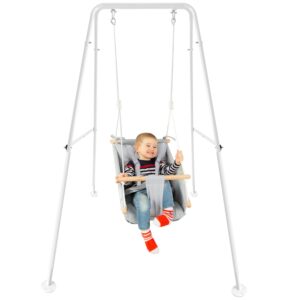 cateam - canvas kids swing with stand, wooden hanging swing seat chair with safety belt, durable toddler swing chair, outdoor and indoor swing for kids, blue gray