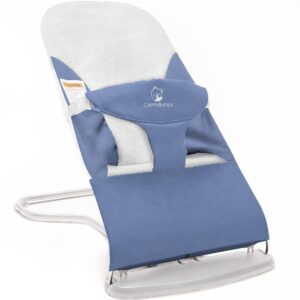 comfybumpy ergonomic baby bouncer seat - bonus travel carry case - safe, portable bouncing chair with adjustable height positions - infant sleeper bouncy seat perfect for newborn babies (blue)