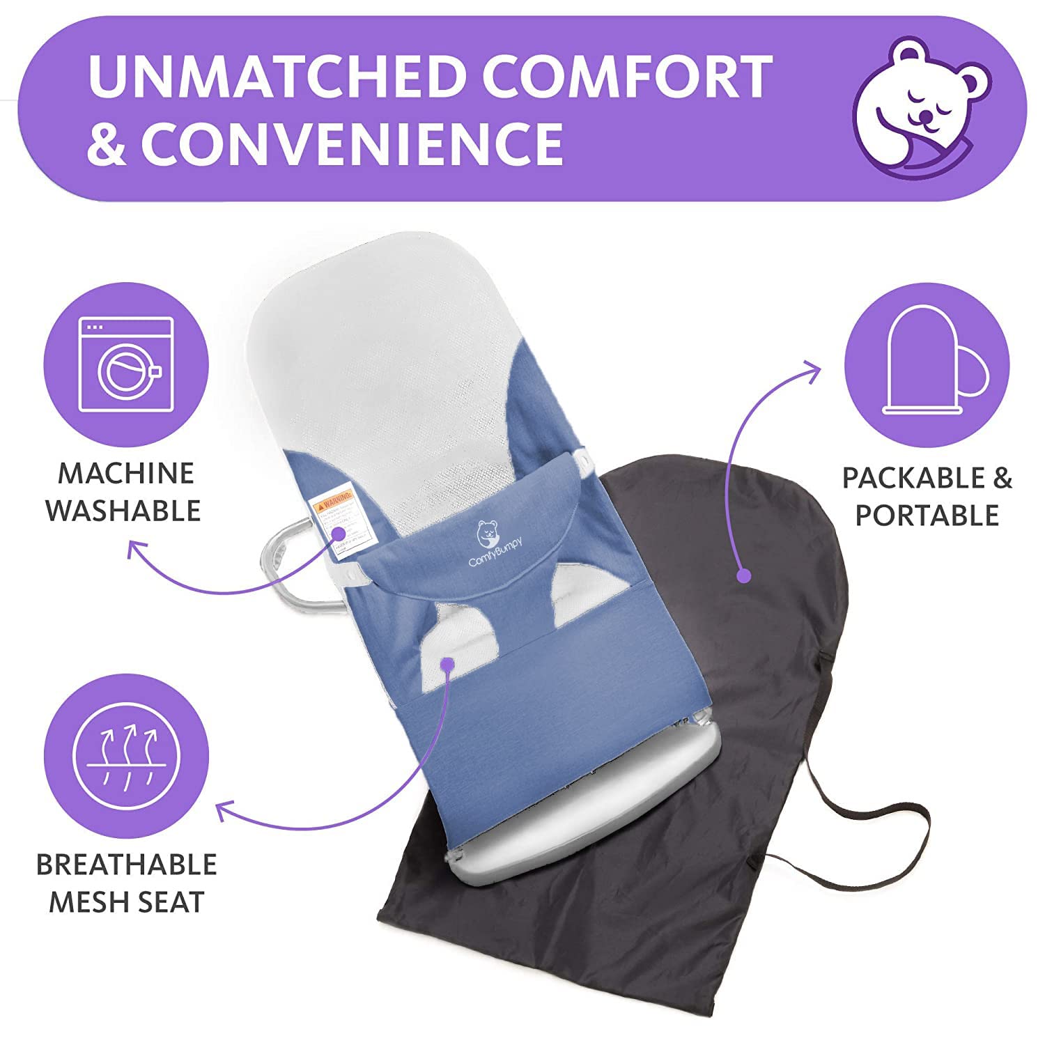 ComfyBumpy Ergonomic Baby Bouncer Seat - Bonus Travel Carry Case - Safe, Portable Bouncing Chair with Adjustable Height Positions - Infant Sleeper Bouncy Seat Perfect for Newborn Babies (Blue)