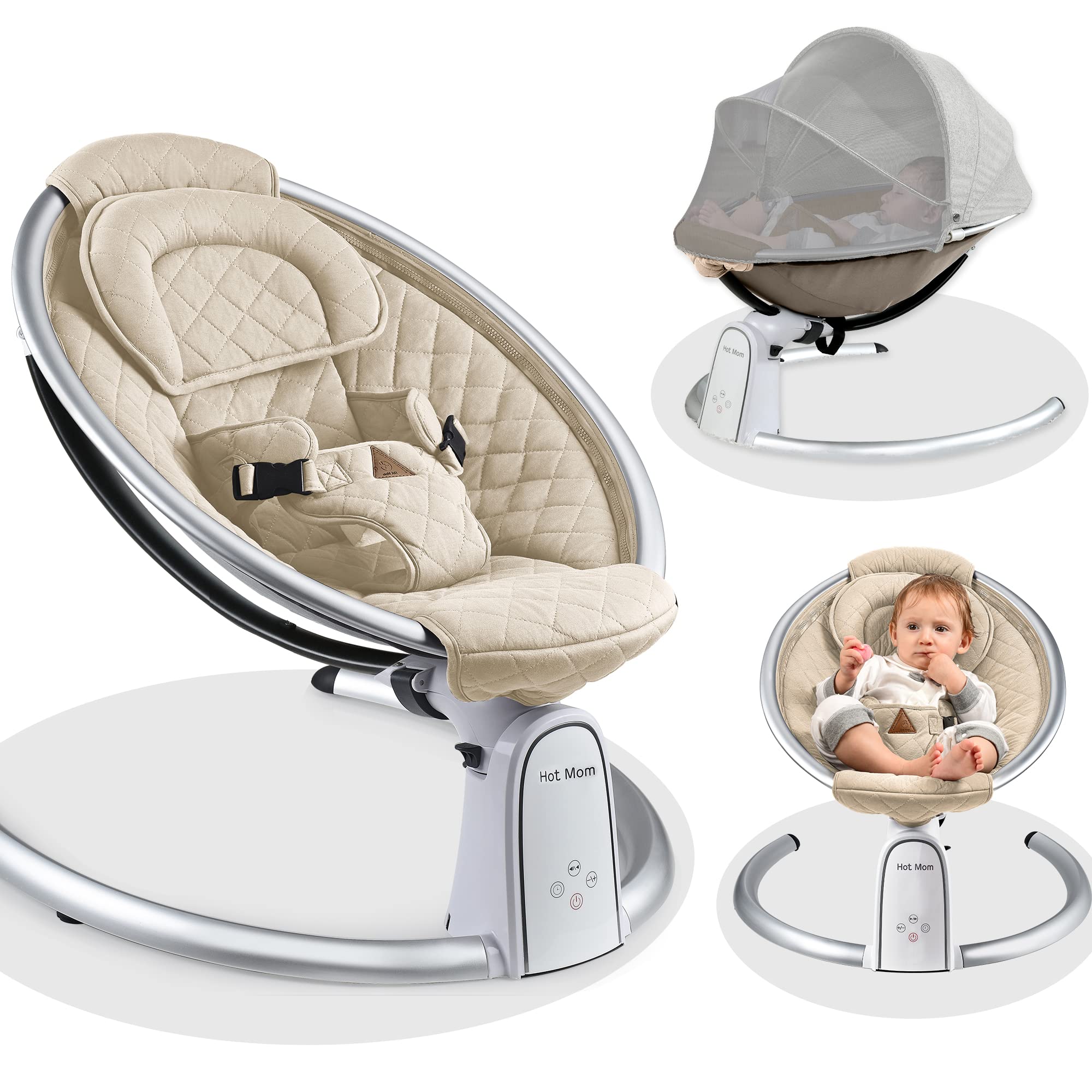 Hot Mom New Baby Swing Bluetooth and Intelligence Timing Electric Baby Rocker Multiple Gears Seat Adjustment & Baby Chair(Sand)