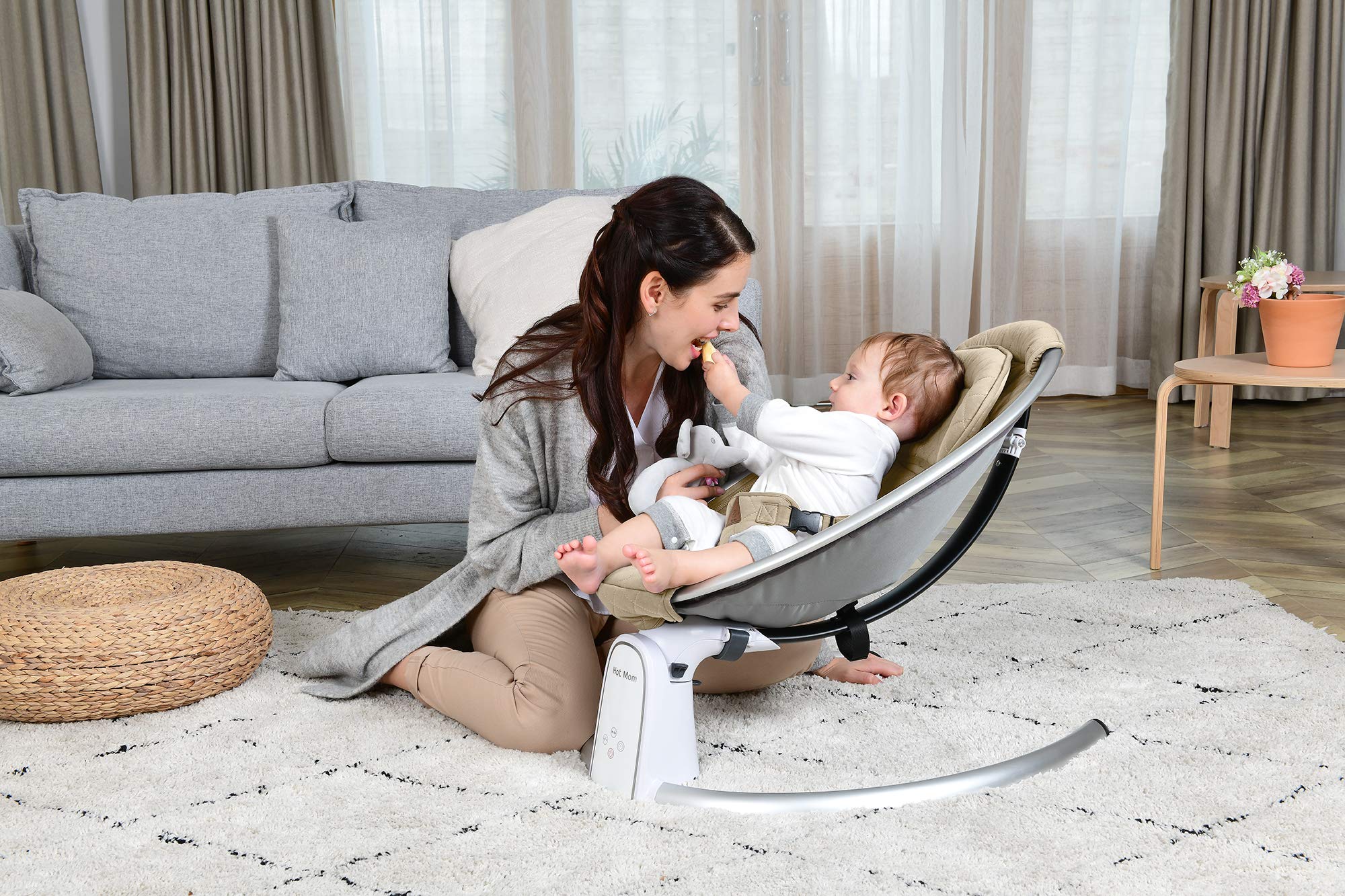 Hot Mom New Baby Swing Bluetooth and Intelligence Timing Electric Baby Rocker Multiple Gears Seat Adjustment & Baby Chair(Sand)