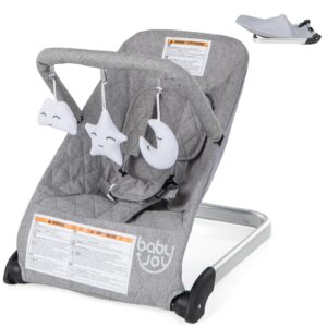 baby joy baby bouncer, foldable baby bouncer seat with 5-point safety harness, removable fabric cover & 3 plush toys, portable infant bouncer for babies 0-6 months (grey)