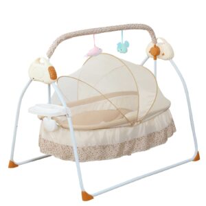 tfcfl electric baby crib cradle, 0-18 monthsinfant bed auto swing with remote control & music, 25kg/55lbs capacity, foldable baby bassinet, khaki