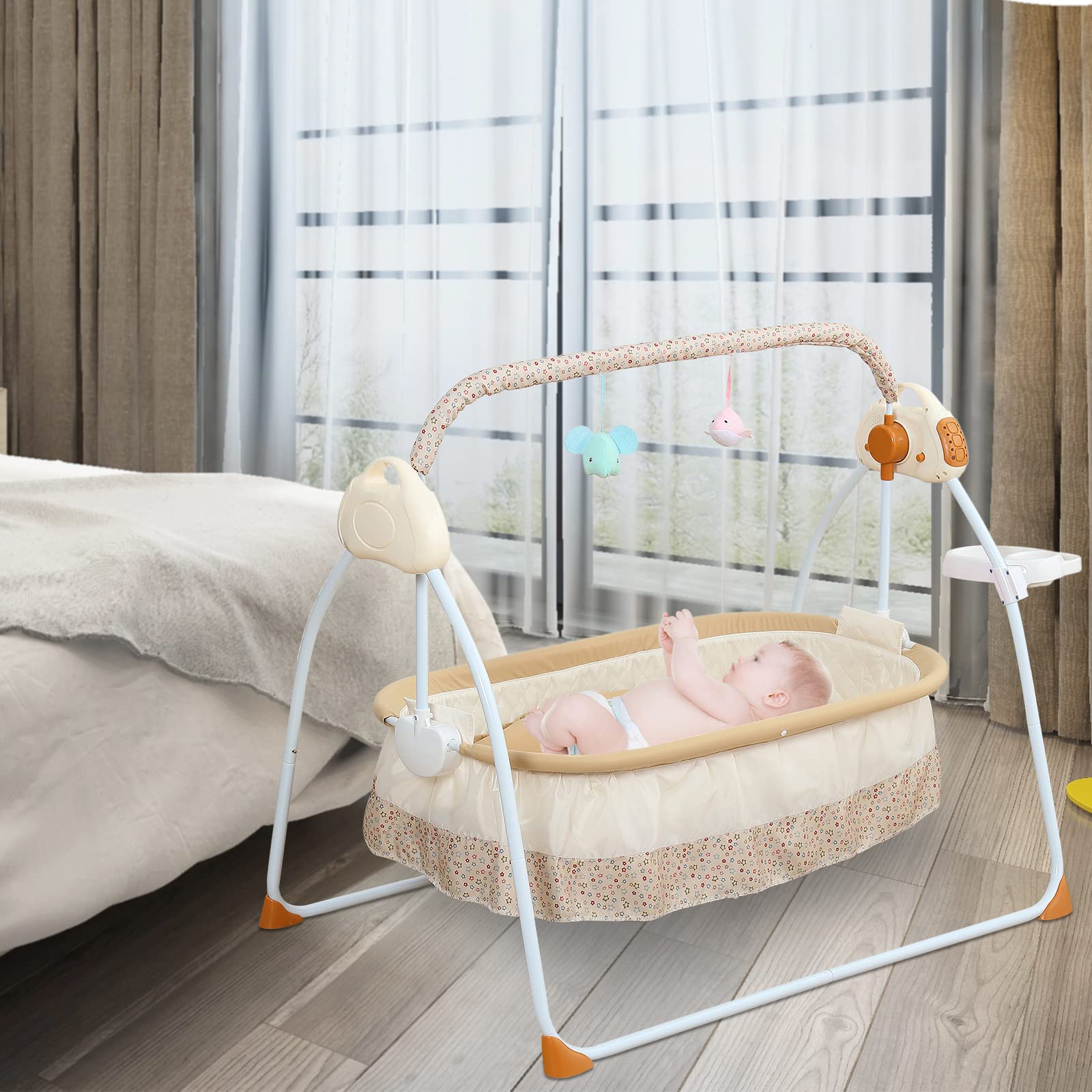 TFCFL Electric Baby Crib Cradle, 0-18 MonthsInfant Bed Auto Swing with Remote Control & Music, 25KG/55LBS Capacity, Foldable Baby Bassinet, Khaki