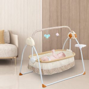 TFCFL Electric Baby Crib Cradle, 0-18 MonthsInfant Bed Auto Swing with Remote Control & Music, 25KG/55LBS Capacity, Foldable Baby Bassinet, Khaki