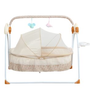 TFCFL Electric Baby Crib Cradle, 0-18 MonthsInfant Bed Auto Swing with Remote Control & Music, 25KG/55LBS Capacity, Foldable Baby Bassinet, Khaki