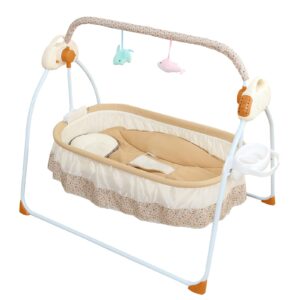 TFCFL Electric Baby Crib Cradle, 0-18 MonthsInfant Bed Auto Swing with Remote Control & Music, 25KG/55LBS Capacity, Foldable Baby Bassinet, Khaki