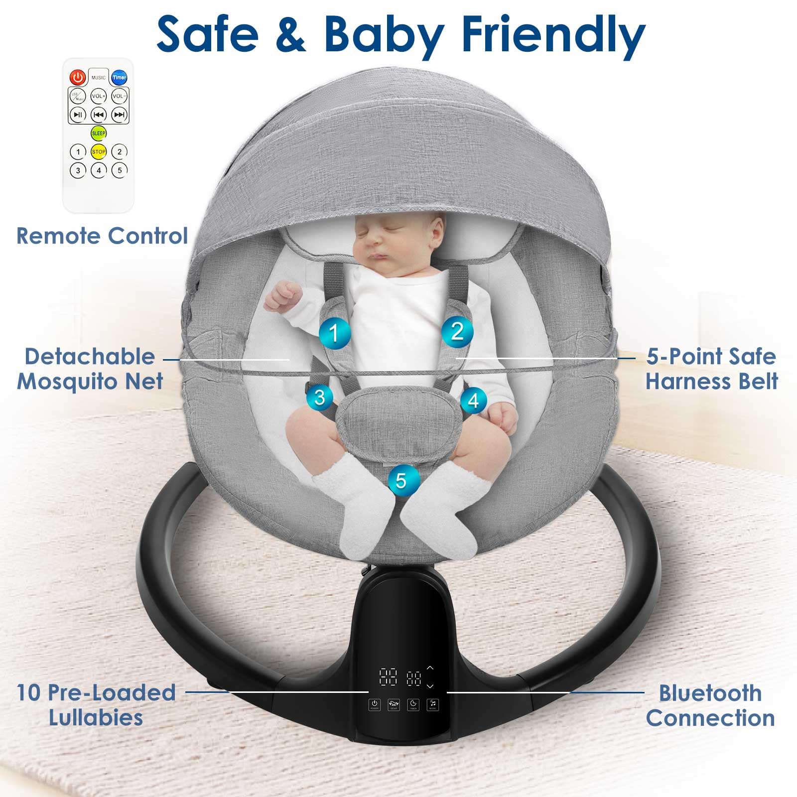 YAOYUQIAN Electric Baby Swing for Infants, Automatic Infant Swing, Compact Newborn Swing for Baby Boy Girl, Portable Baby Rocker Baby Bouncer with 10 Lullabies, 5 Speeds, 3 Seat Angles, Remote Control