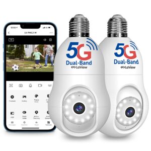 laview 4mp bulb security camera 5g& 2.4ghz, 360°2k security cameras wireless outdoor indoor full color day and night, motion detection, audible alarm, easy installation, compatible with alexa (2 pack)