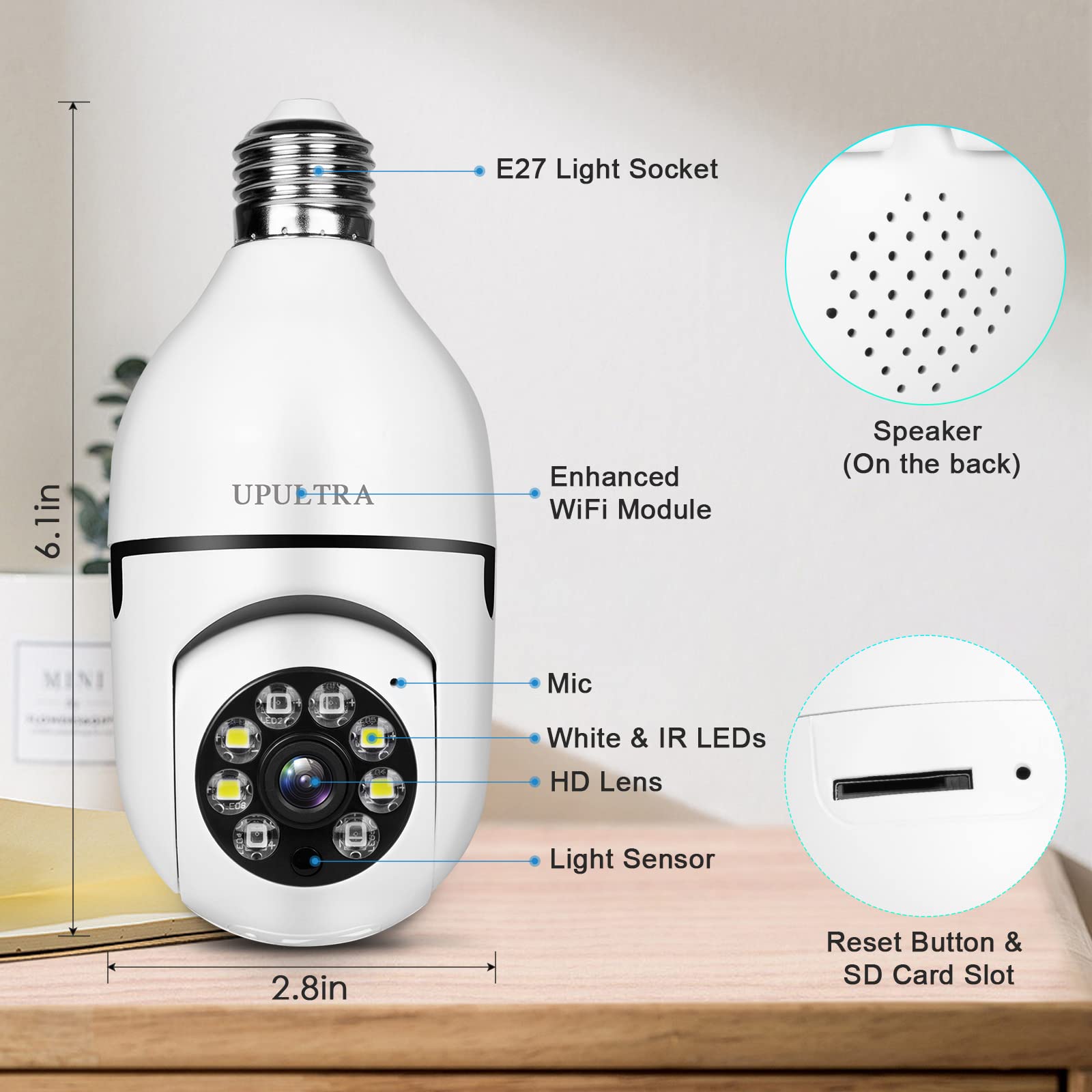 Light Bulb 1080P Security Wireless Camera Wifi Smart for home surveillance Screw into the E27 light bulb socket Spotlight Alarm Color night vision Two-way talk Motion Alarm PTZ 360 Degree(2packs）