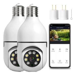 2 pack 3mp light bulb security camera wireless outdoor, 360° indoor wifi smart light socket cameras for home security cameras with motion detection and alerts, 2-way audio, compatible with alexa