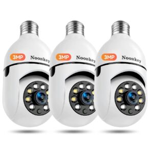 noonkey light bulb security camera 3mp, alexa e27 light socket camera for outdoor, wireless wifi home ip camera w/motion tracking detection alarm, 360 degree, color night vision, 2-way talk, 3 pack