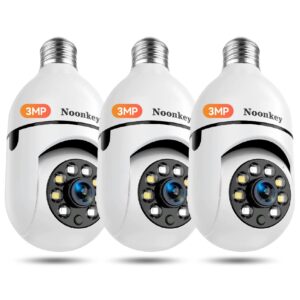 Noonkey Light Bulb Security Camera 3MP, Alexa E27 Light Socket Camera for Outdoor, Wireless WiFi Home IP Camera w/Motion Tracking Detection Alarm, 360 Degree, Color Night Vision, 2-Way Talk, 3 Pack