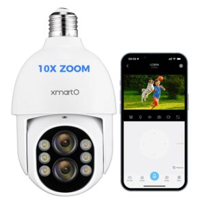 xmarto light bulb security camera wireless outdoor with dual-lens 10x zoom, ai auto tracking pan/tilt/zoom, 24/7 auto-follow monitor, fits in e27 light socket