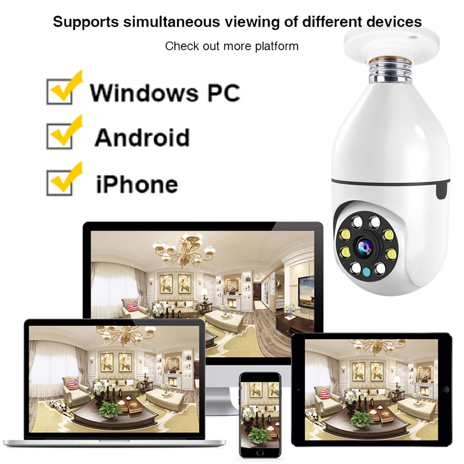 Hicvers Light Bulb Camera, 2MP WiFi Camera, Adjustable Vertical 90°Horizontal 355°, With Night Vision, Motion Detection Tracking, 2 Way Talk, Alexa Compatible, White