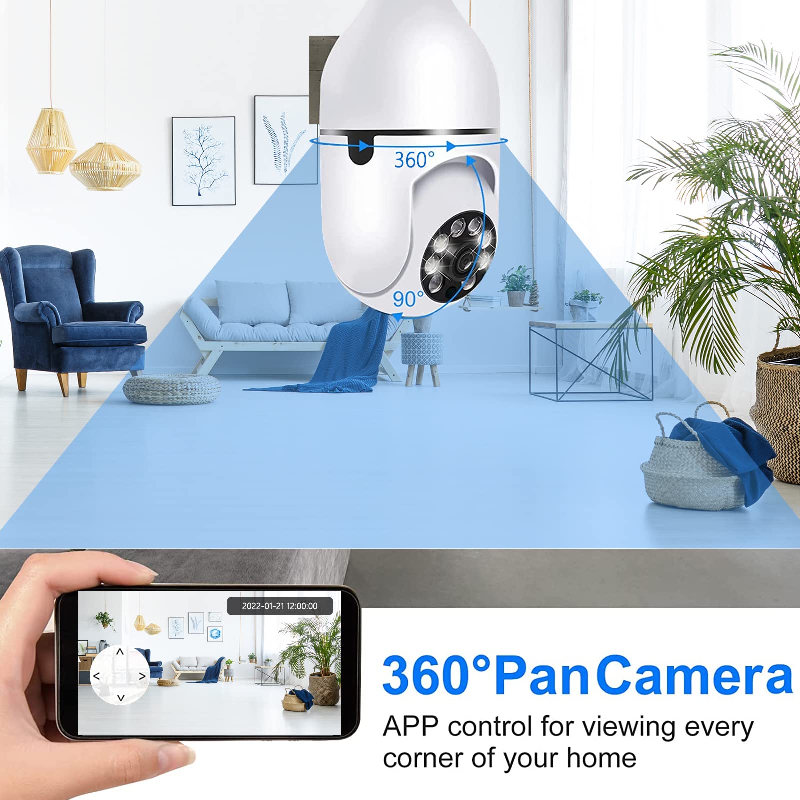 Hicvers Light Bulb Camera, 2MP WiFi Camera, Adjustable Vertical 90°Horizontal 355°, With Night Vision, Motion Detection Tracking, 2 Way Talk, Alexa Compatible, White