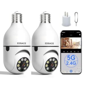 edsace light bulb camera 2 pack,5g dual band bulb camera,wifi 6 light bulb camera pack of 2, 2.4g/5g wifi light bulb camera, home secuirty socket camera,360 degree panoramic camera 2pcs