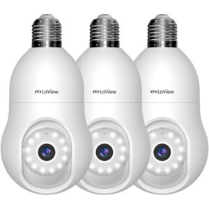 laview 4mp bulb security camera 3pcs 2.4ghz,360° 2k security cameras wireless outdoor indoor full color day and night, motion detection, audible alarm, easy installation, compatible with alexa