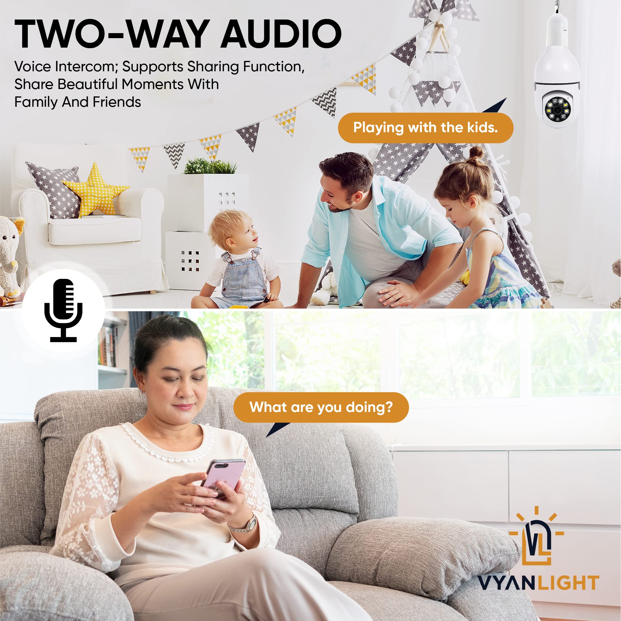 VYANLIGHT 4MP Security Camera with 2.4GHz WiFi, 360° Panoramic Pan-Tilt-Zoom View, 2K Full-Color Night Vision Bulb Video Camera, Motion Detection Audible Alarm Easy Install, Includes 64GB SD Card