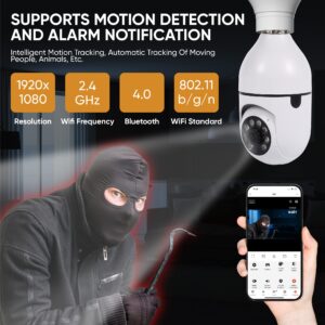 VYANLIGHT 4MP Security Camera with 2.4GHz WiFi, 360° Panoramic Pan-Tilt-Zoom View, 2K Full-Color Night Vision Bulb Video Camera, Motion Detection Audible Alarm Easy Install, Includes 64GB SD Card