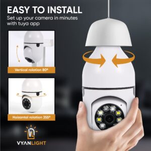 VYANLIGHT 4MP Security Camera with 2.4GHz WiFi, 360° Panoramic Pan-Tilt-Zoom View, 2K Full-Color Night Vision Bulb Video Camera, Motion Detection Audible Alarm Easy Install, Includes 64GB SD Card