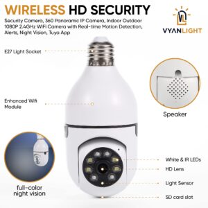 VYANLIGHT 4MP Security Camera with 2.4GHz WiFi, 360° Panoramic Pan-Tilt-Zoom View, 2K Full-Color Night Vision Bulb Video Camera, Motion Detection Audible Alarm Easy Install, Includes 64GB SD Card