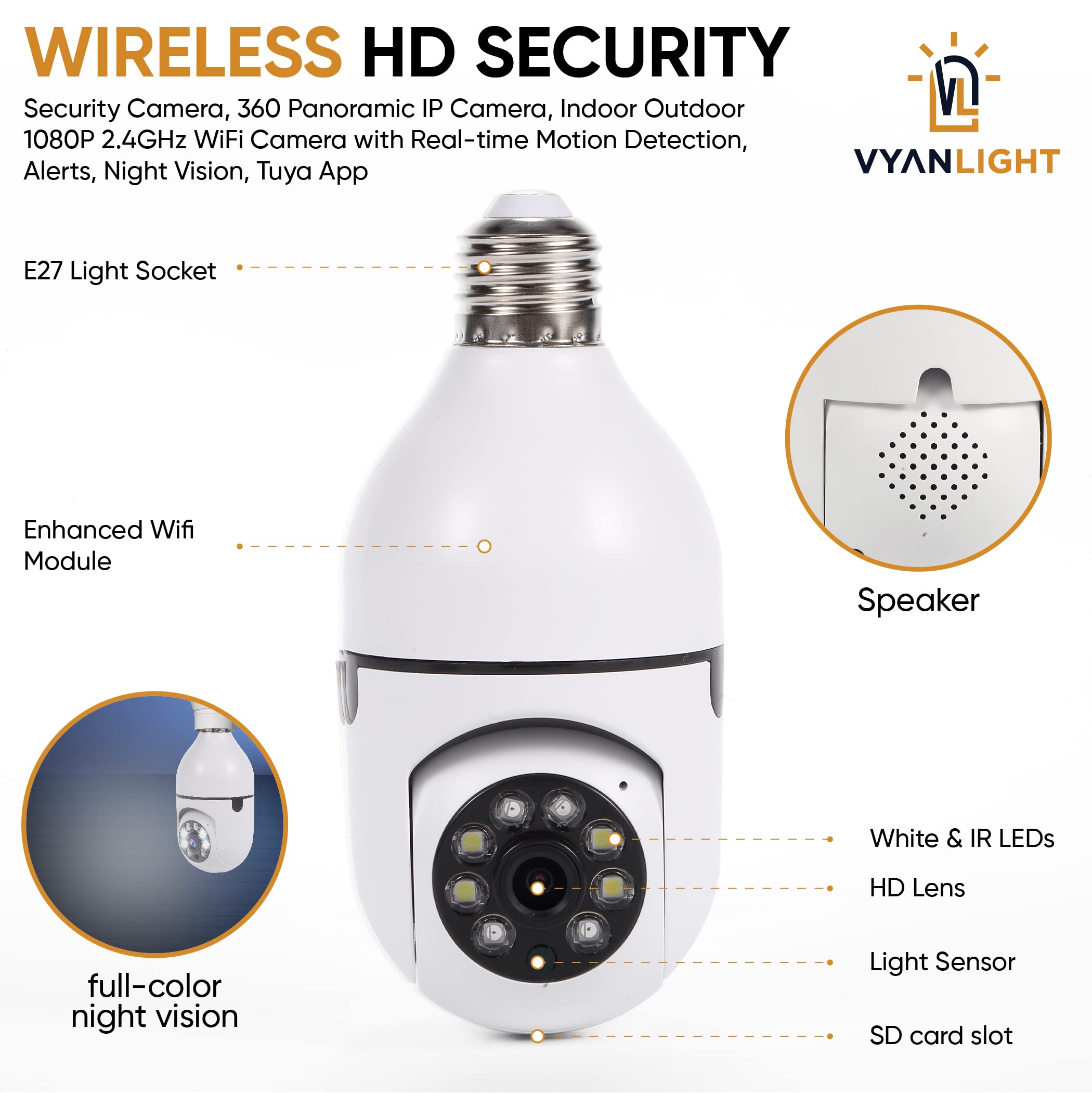 VYANLIGHT 4MP Security Camera with 2.4GHz WiFi, 360° Panoramic Pan-Tilt-Zoom View, 2K Full-Color Night Vision Bulb Video Camera, Motion Detection Audible Alarm Easy Install, Includes 64GB SD Card