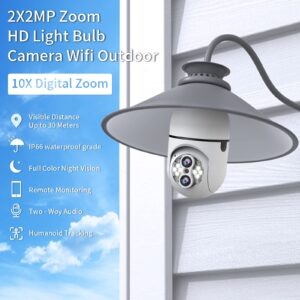 Upgraded 10x Zoom Dual Lens Light Bulb Camera, Waterproof Light Bulb Security Camera, 2MP 360° Light Bulb Camera Wifi Outdoor, 2.4Ghz 30m Auto Tracking Night Vision Motion Detection Light Bulb Camera