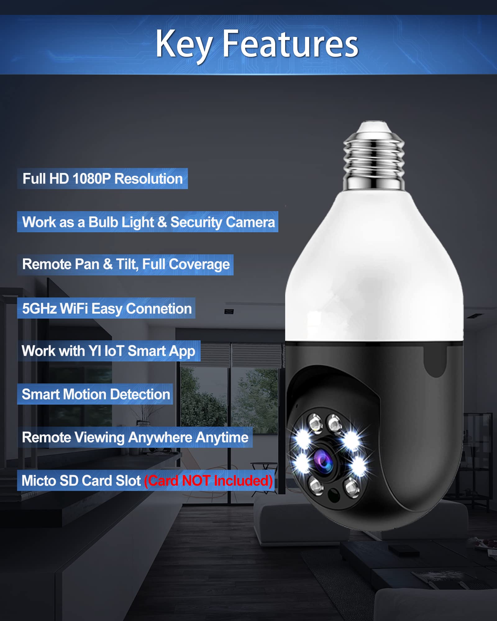 E27 360° Security Cameras Wireless Outdoor, 2.4GHz & 5G WiFi Light Bulb Security Camera, 1080p Video Surveillance for Home Security, Indoor Night Vision Cam System, Motion Detection, Two-Way Talk