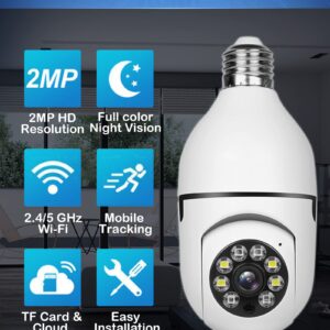 bluedery E27 360° Light Bulb Camera, 2.4GHz & 5G WiFi Security Cameras Wireless, 1080p Night Vision Home Security, Indoor Video Surveillance System, Motion Sensor Detection, Two-Way Audio-Talk