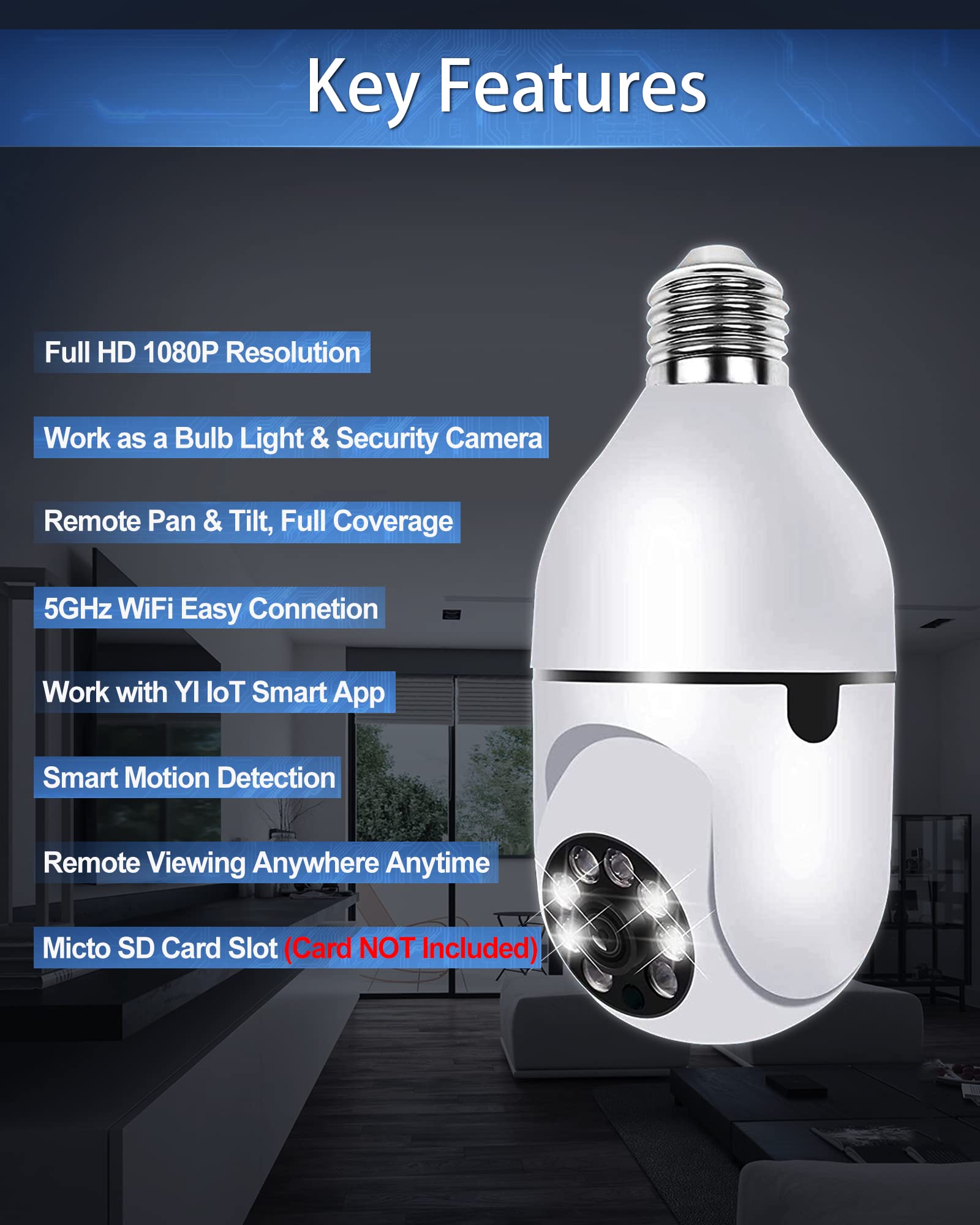 bluedery E27 360° Light Bulb Camera, 2.4GHz & 5G WiFi Security Cameras Wireless, 1080p Night Vision Home Security, Indoor Video Surveillance System, Motion Sensor Detection, Two-Way Audio-Talk