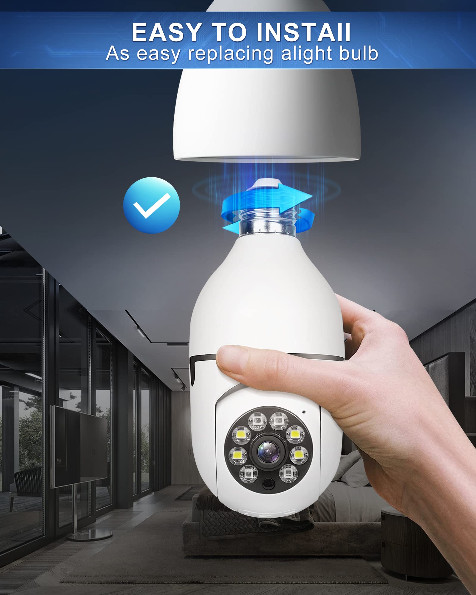 bluedery E27 360° Light Bulb Camera, 2.4GHz & 5G WiFi Security Cameras Wireless, 1080p Night Vision Home Security, Indoor Video Surveillance System, Motion Sensor Detection, Two-Way Audio-Talk