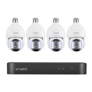 xmarto dual-lens 10x zoom light bulb security camera system wireless outdoor with ai auto tracking pan/tilt/zoom, 24/7 auto-following monitor, e27 power (4k 10ch 4-camera set)