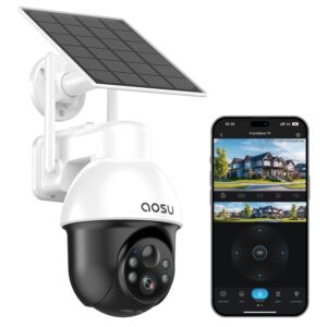 aosu solar security camera wireless outdoor system, 3k/5mp battery powered wifi camera for home security, panoramic ptz, auto tracking, human/vehicle detection, night vision, spotlights, 2-way talk