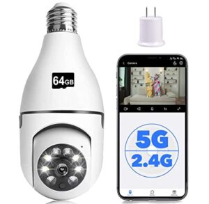 1080p light bulb camera, wireless wifi home security camera 360° surveillance cam with motion detection alarm night vision light socket camera (1 pack 5g&2.4g with 64g sd card)