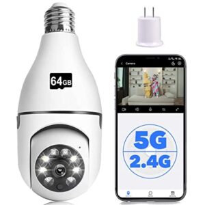 1080P Light Bulb Camera, Wireless WiFi Home Security Camera 360° Surveillance Cam with Motion Detection Alarm Night Vision Light Socket Camera (1 Pack 5G&2.4G with 64G SD Card)