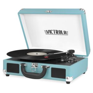 victrola vintage 3-speed bluetooth portable suitcase record player with built-in speakers | upgraded turntable audio sound| includes extra stylus | turquoise, model number: vsc-550bt-tq