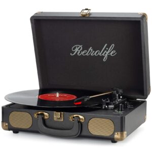 vinyl record player 3-speed bluetooth suitcase portable belt-driven record player with built-in speakers rca line out aux in headphone jack vintage turntable