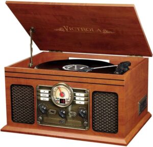 victrola nostalgic 6-in-1 bluetooth record player & multimedia center with built-in speakers - 3-speed turntable, cd & cassette player, fm radio | wireless music streaming | mahogany