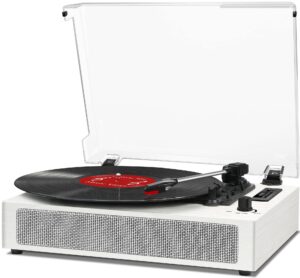 vintage record player bluetooth 3-speed vinyl record player with stereo speakers, usb audio recording, rca line-out, aux-in, retro phonograph turntable for vinyl records, white