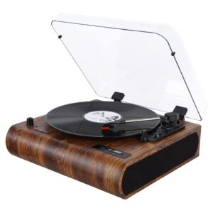 vosterio bluetooth record player, 3 speed turntable with built-in speakers, retro lp vinyl player with bt input & output, fm radio, usb & sd card recording, aux in, led display