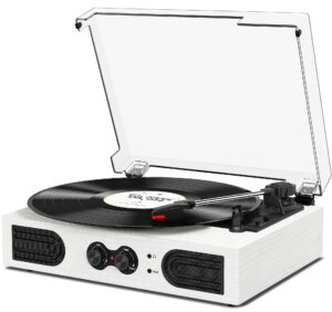 vinyl record player with built-in stereo speakers and bass adjust, vintage 3-speed portable lp turntable with upgraded audio sound, bluetooth input, rca/aux/headphone jack, white wood