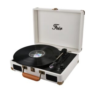 vinyl record player bluetooth with speakers 3 speed portable turntable suitcase built in 2 speakers rca line out aux headphone jack pc recorder-white