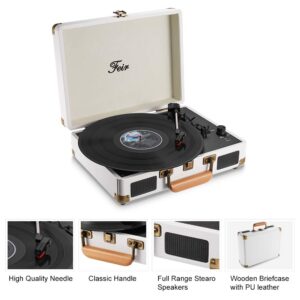 Vinyl Record Player Bluetooth with Speakers 3 Speed Portable Turntable Suitcase Built in 2 Speakers RCA Line Out AUX Headphone Jack PC Recorder-White